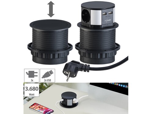 Multiprise de bureau encastrable et rétractable avec 3 prises 230V et 2 ...