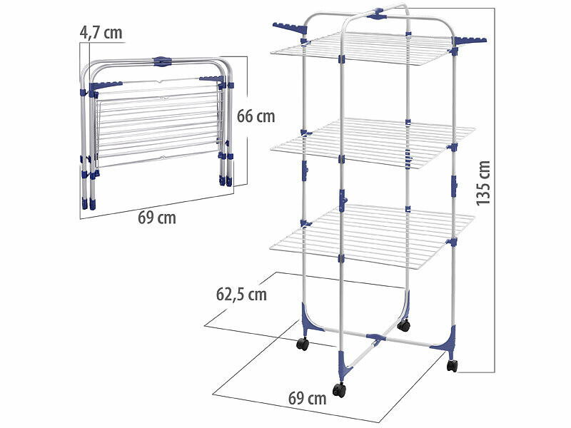 Étendoir à linge 3 étages sur roulettes | Repassage et textiles | Pearl.fr