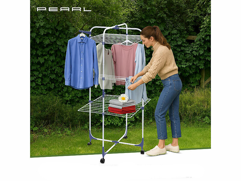 Étendoir à linge 3 étages sur roulettes | Repassage et textiles | Pearl.fr