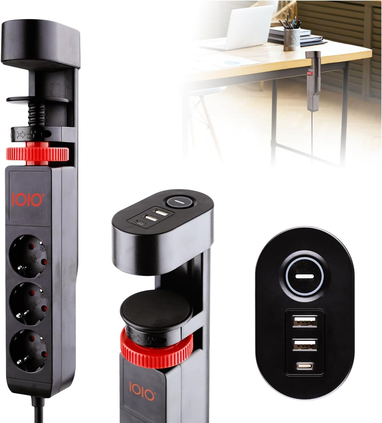 Multiprise de bureau 3 prises avec pince coloris noir | Multiprises ...