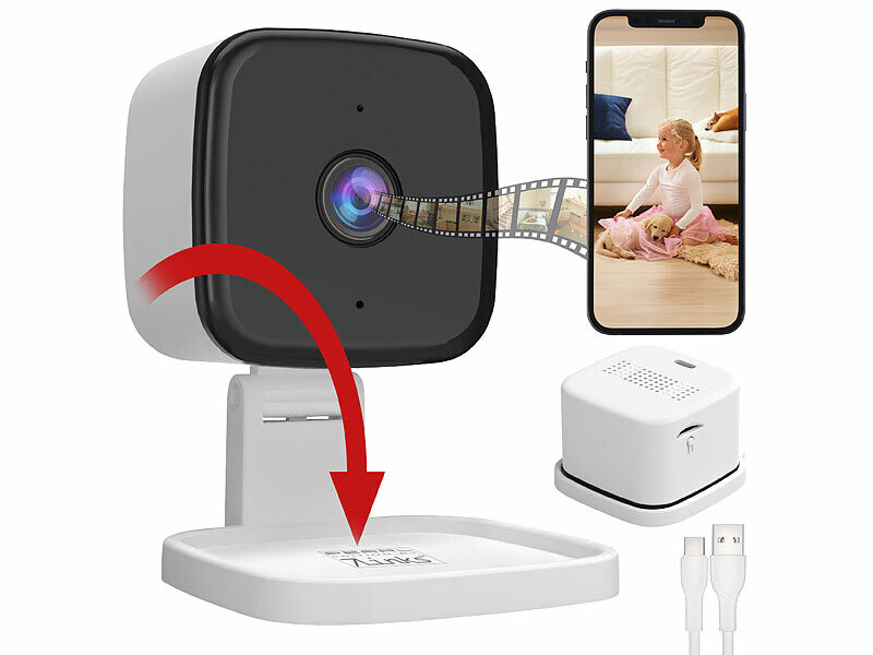 Mini caméra connectée IP 2K IPC-240 avec vision nocturne et support 360° | Caméras sans fil ...